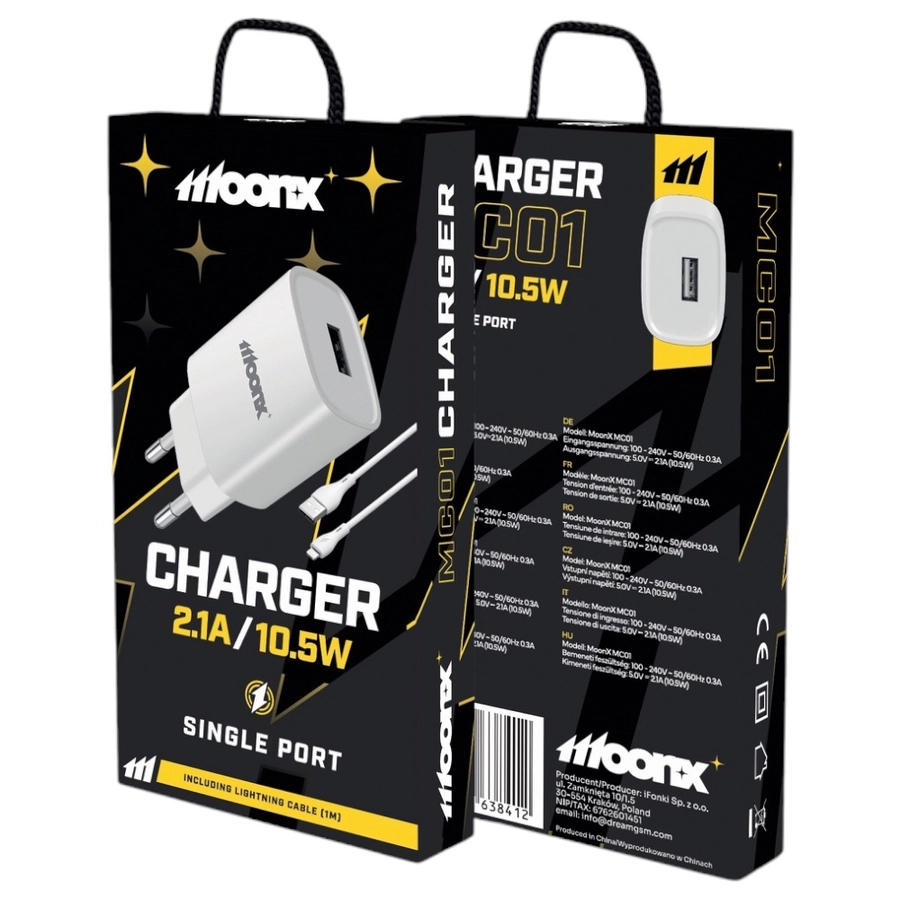 MOONX wall charger MC01 2.1A 10.5W 1xUSB + cable Lightning White ...