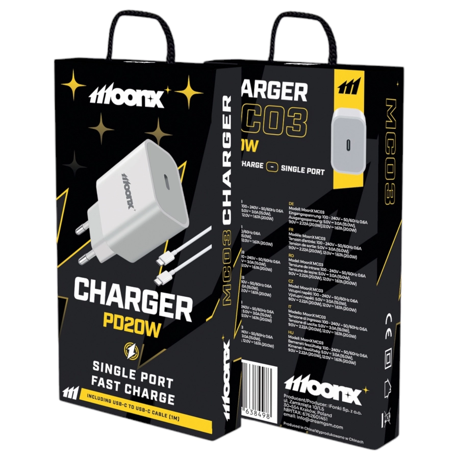 MOONX wall charger MC03 PD 20W 1xUSB-C + cable USB-C - USB-C White - DreamGSM wholesaler